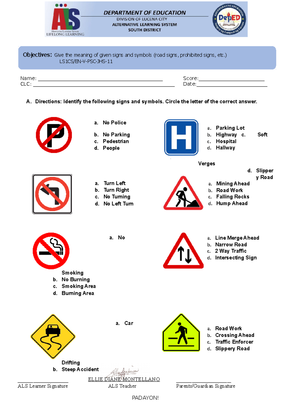 LS1 Signs and Symbols Quiz for ALS Learners - Studocu