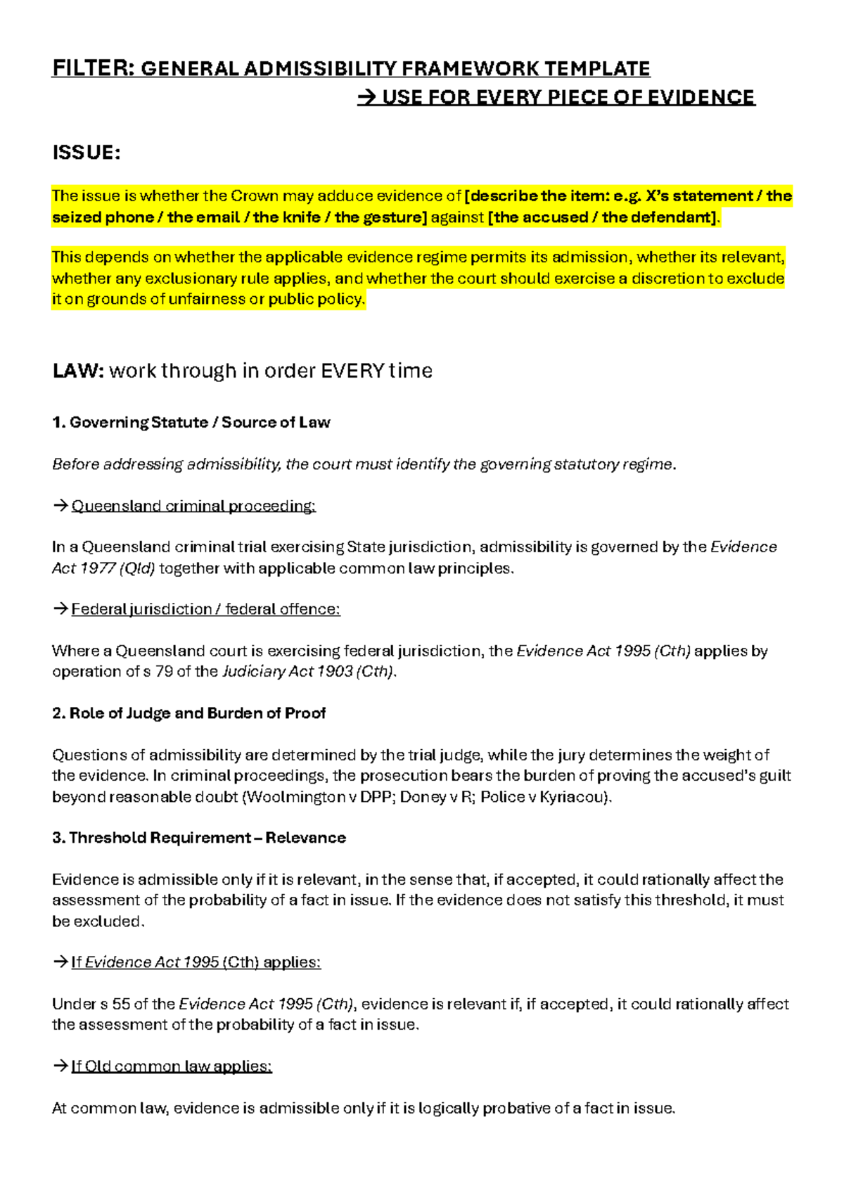LLB303 General Admissibility Framework Template for Evidence Issues ...