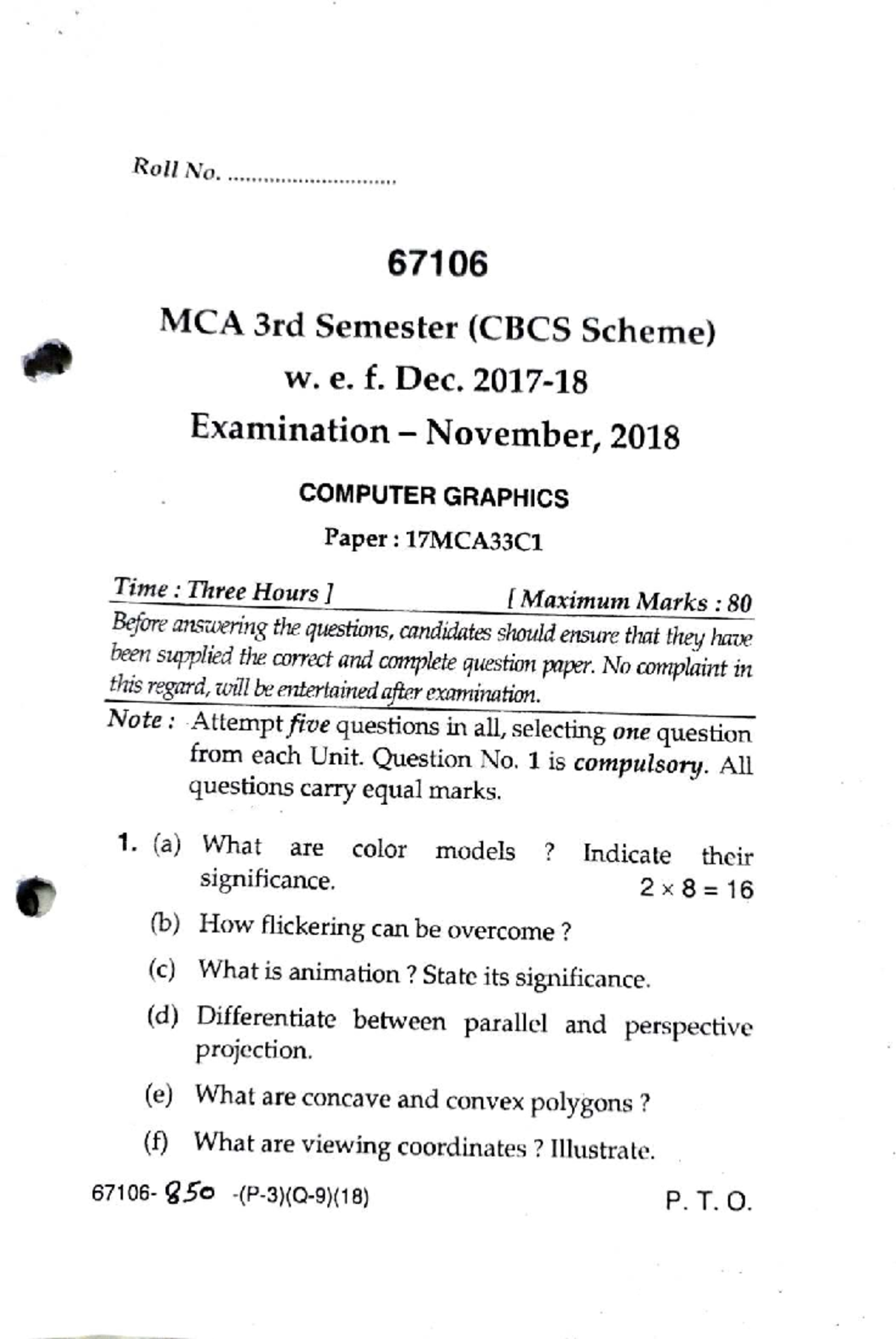 2018 MCA 3rd Sem Exam Paper: Computer Graphics (17MCA33C1) - Studocu