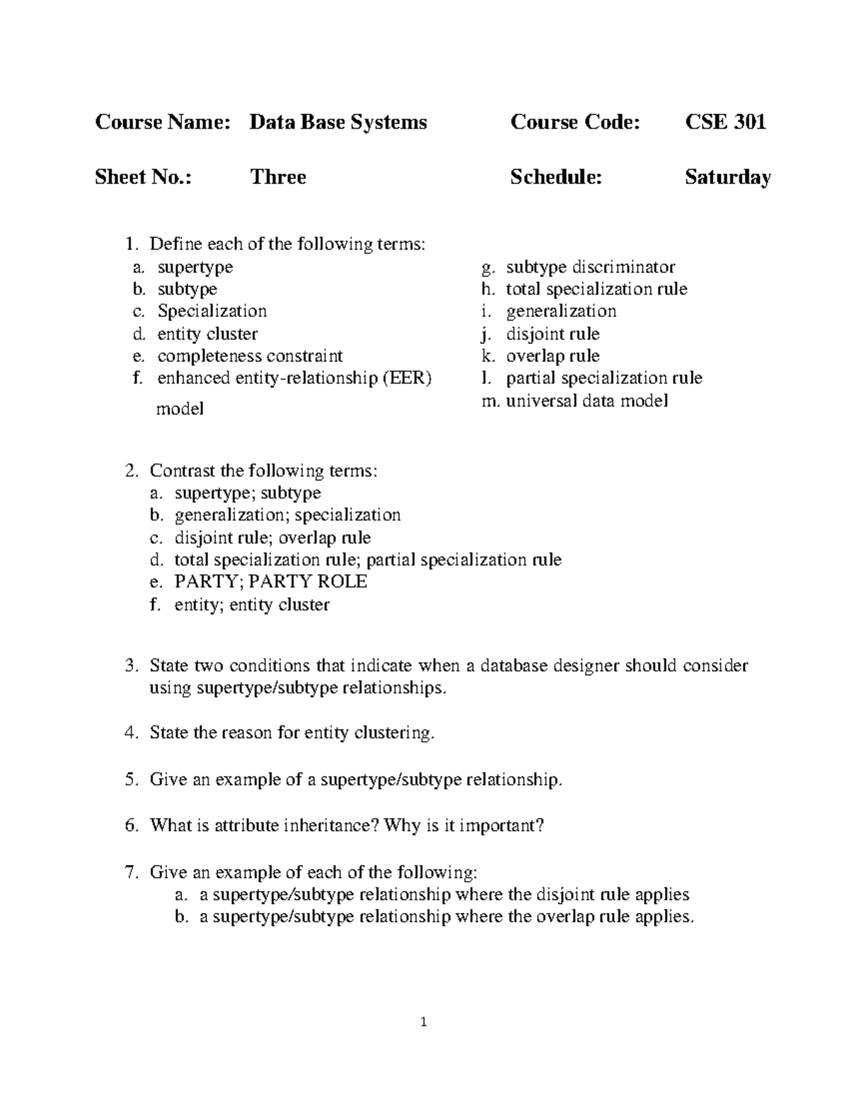 CSE 301 Data Base Systems: Sheet Three Solutions and Definitions - Studocu