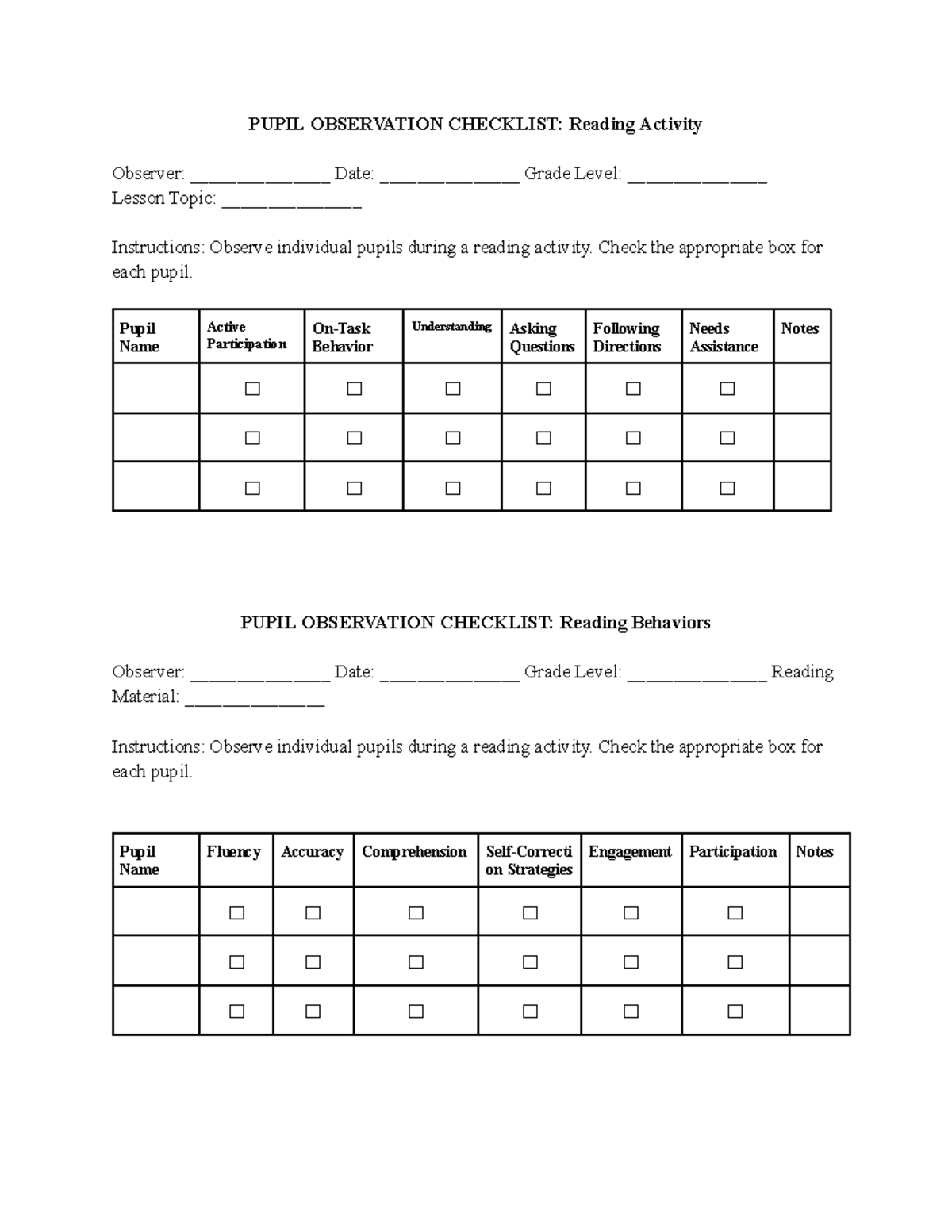 Pupil Observation Checklist Reading Activity - PUPIL OBSERVATION ...