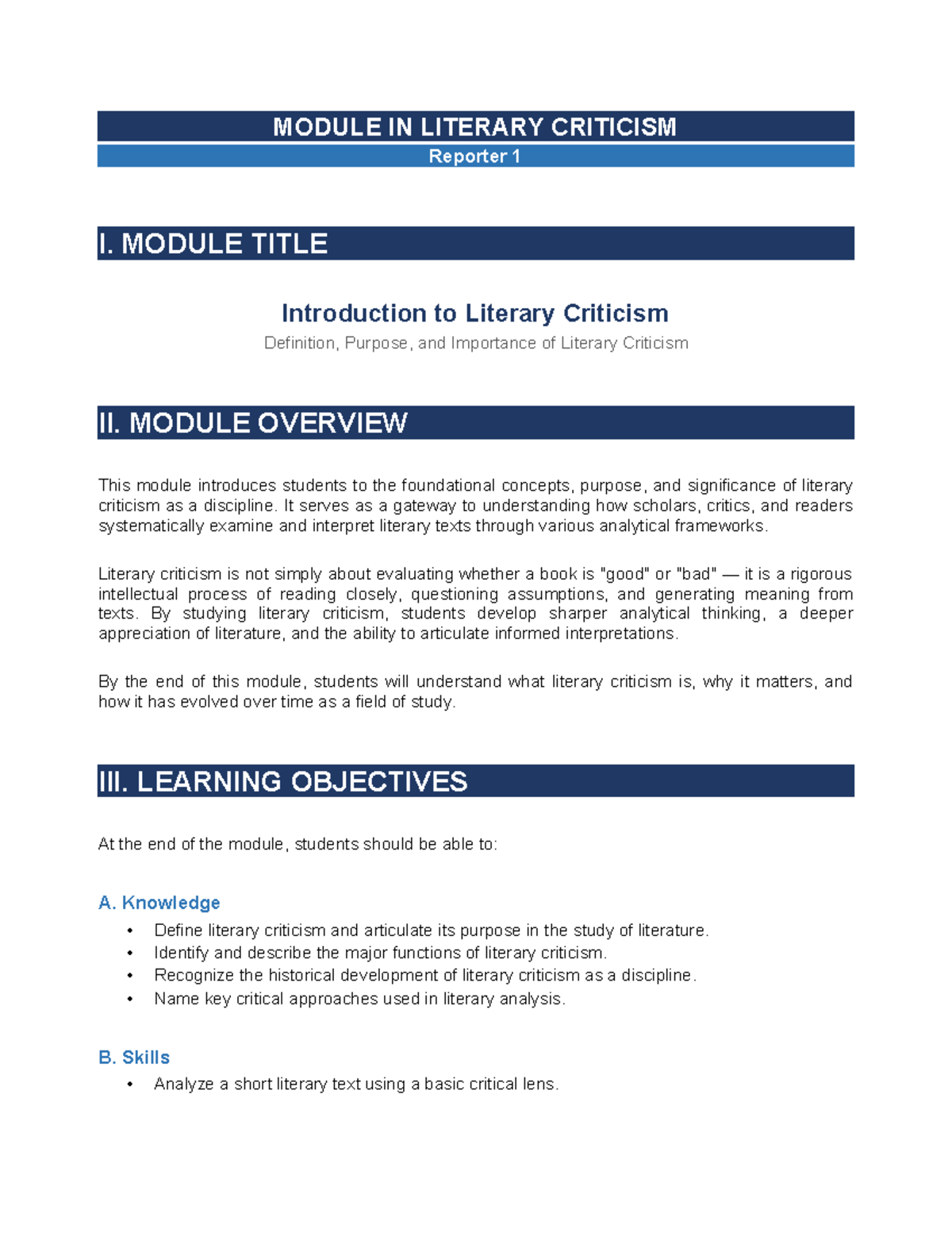 MODULE 1: Introduction to Literary Criticism Overview and Key Concepts ...
