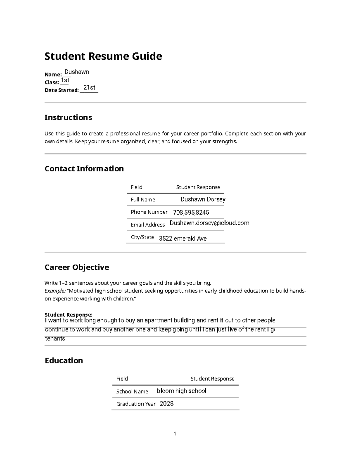 Student Resume Guide for Dushawn - 1st Class - Studocu