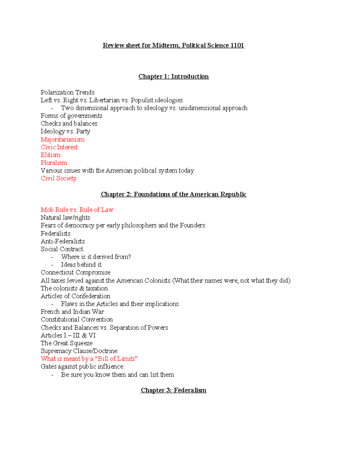 Midterm Review Sheet for Political Science 1101: Key Concepts & Topics ...
