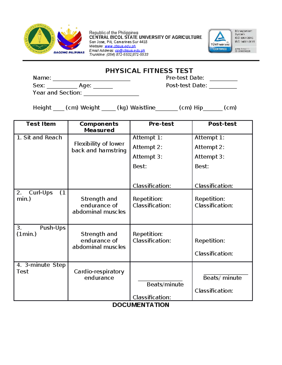 Physical Fitness Test Documentation - CBSUA - Studocu