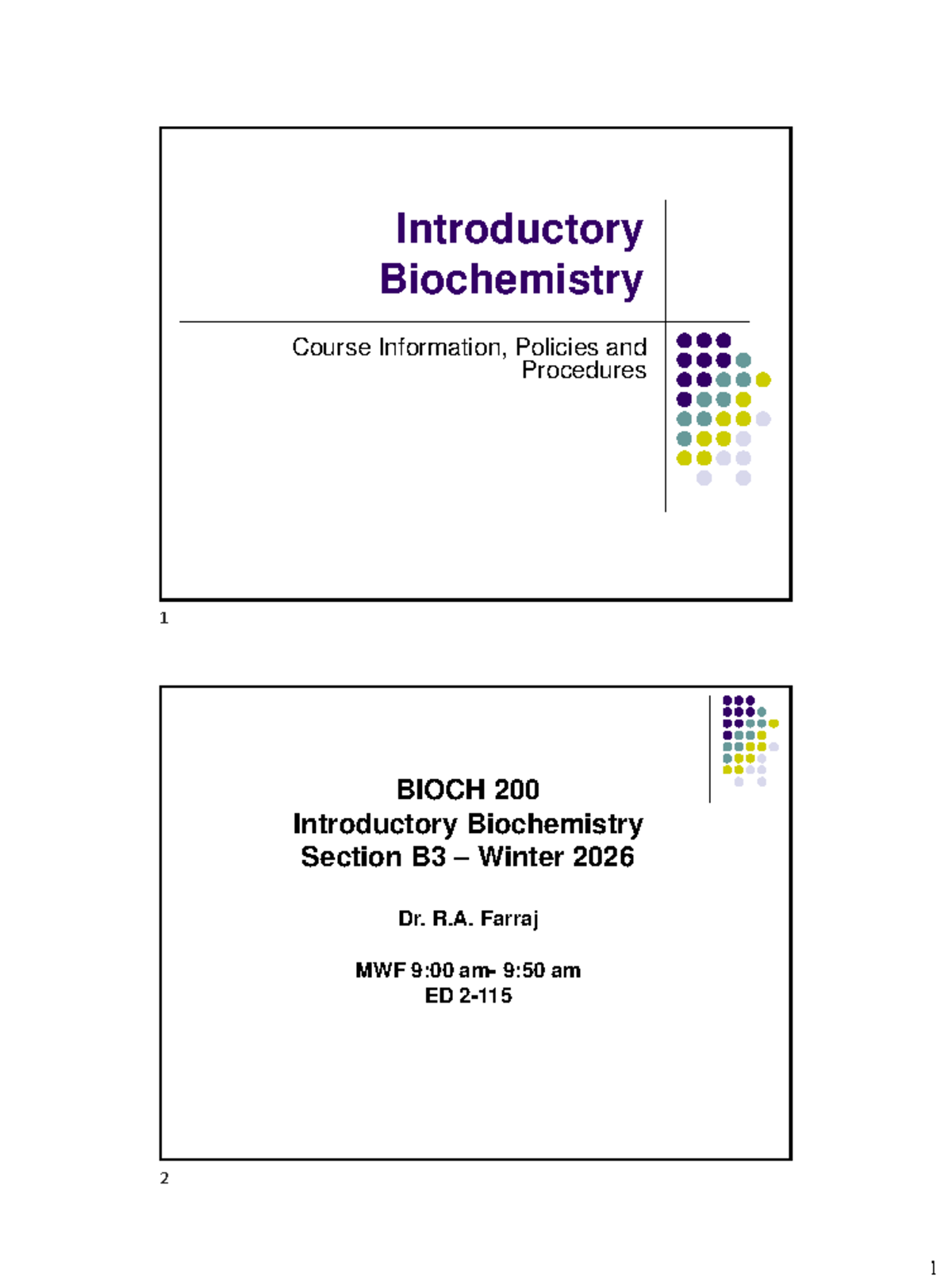 BIOCH 200 Introductory Biochemistry Course Info & Policies Winter 2026 ...