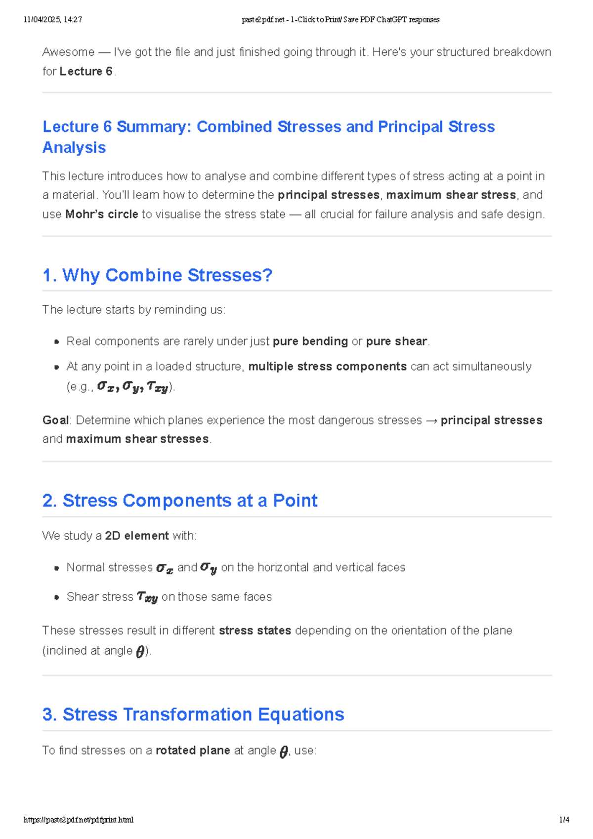 Lecture 6: Combined Stresses & Principal Stress Analysis Summary - Studocu
