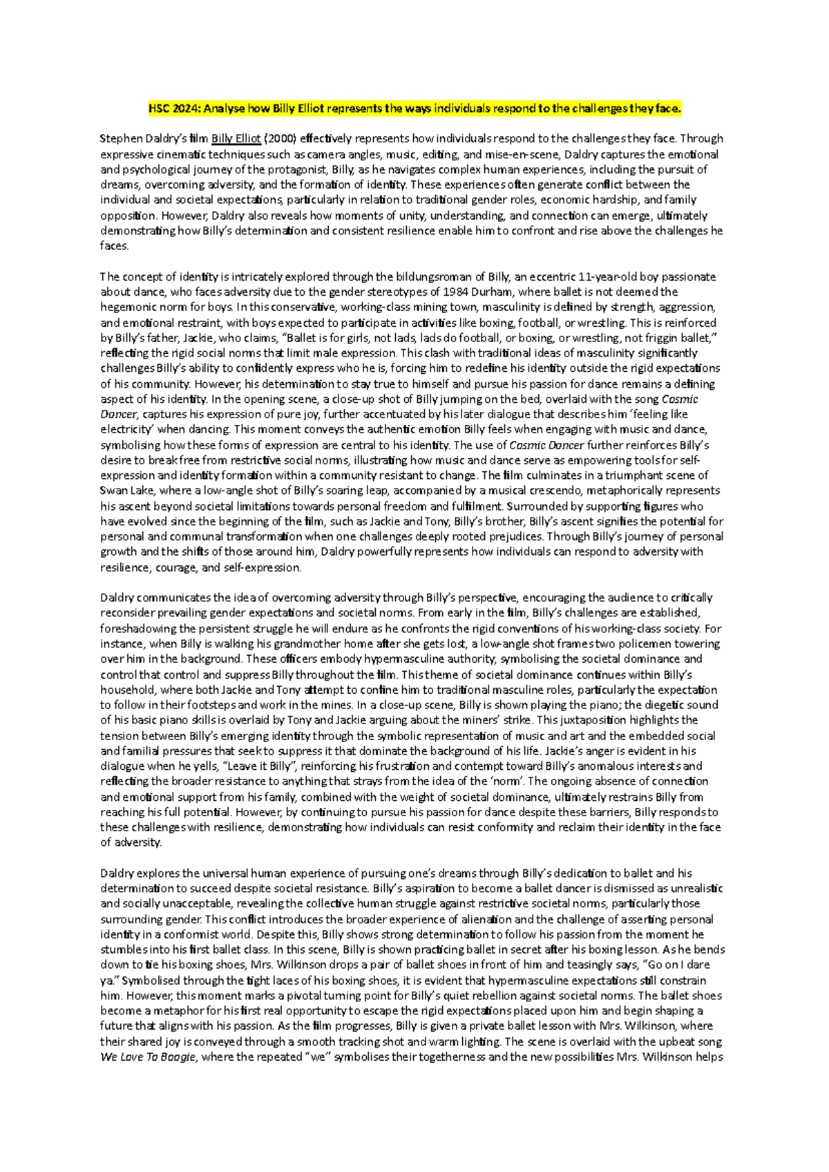 HSC 2024: Analyzing Individual Responses to Challenges in Billy Elliot ...
