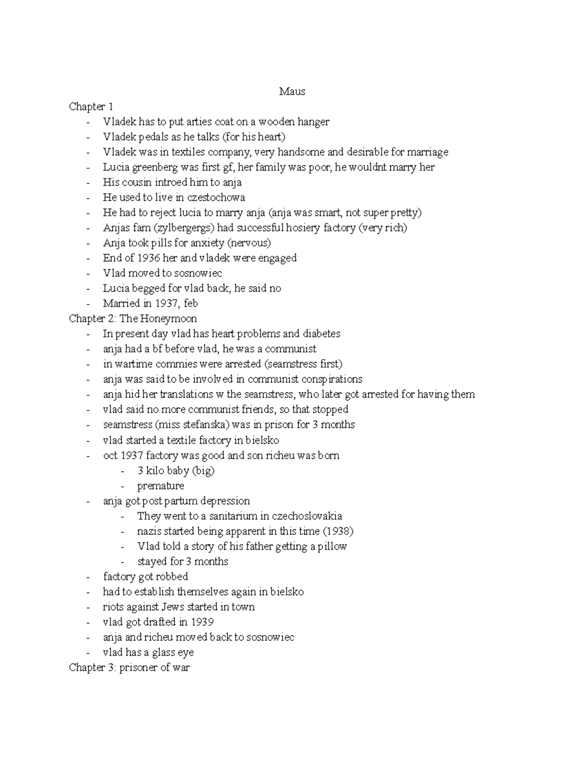 Maus Chapter Notes: Key Points from Chapters 1-4 - Studocu