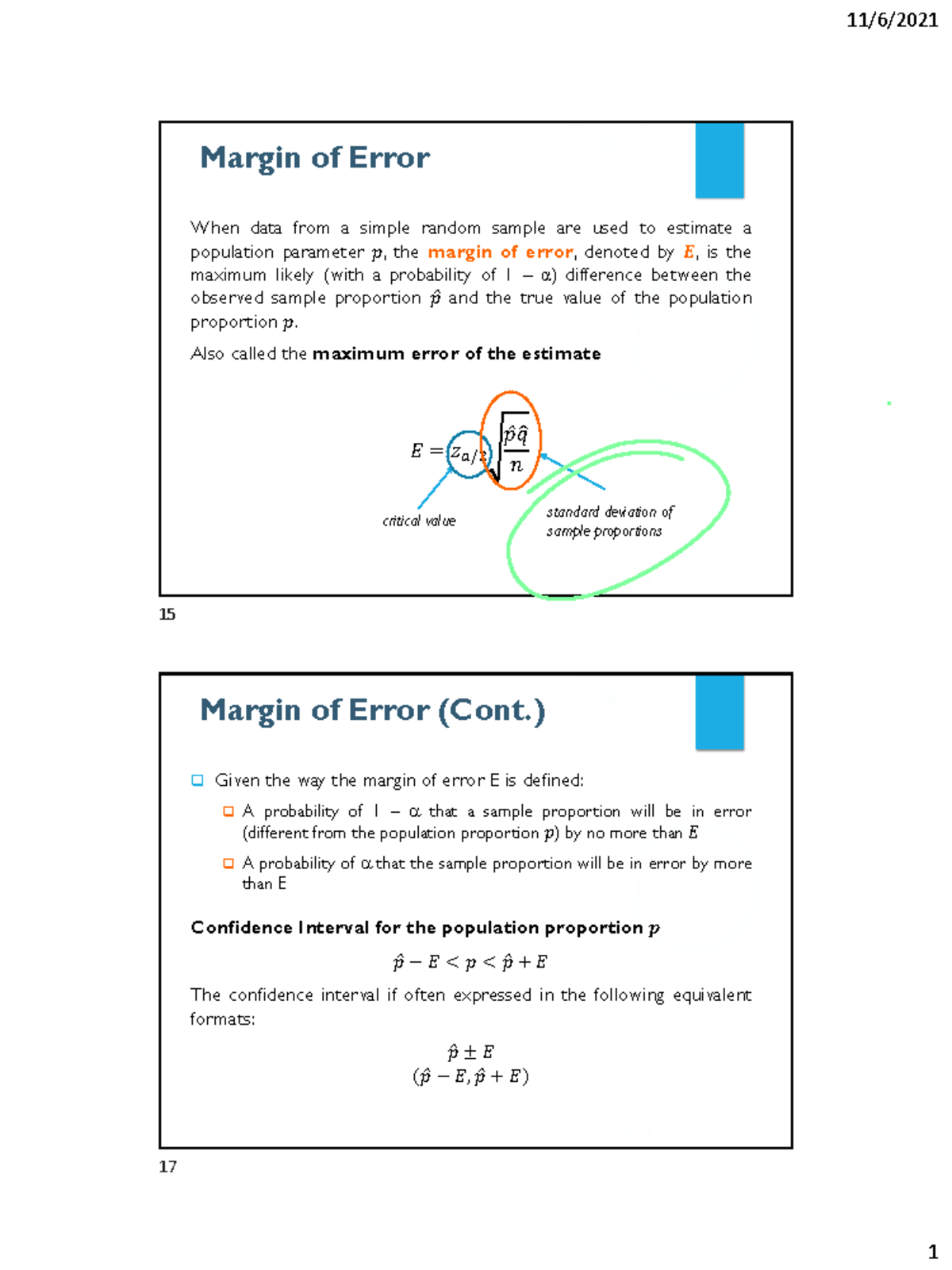 Ch6-Confidence Intervals-2 - Margin of Error When data from a simple ...