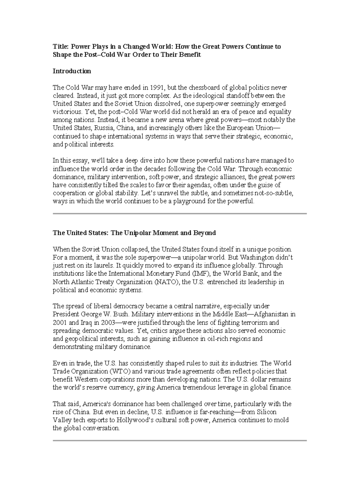 Title: IR 101: Power Dynamics in a Post-Cold War World Order - Studocu