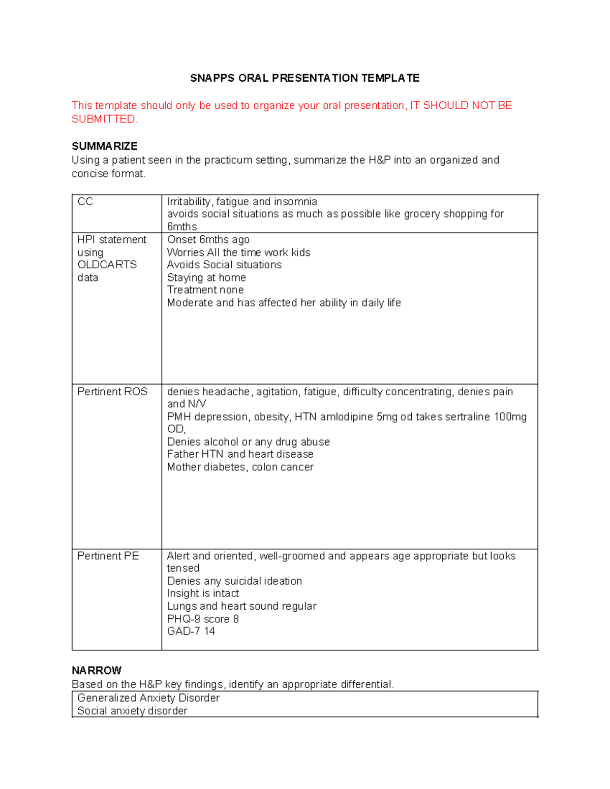FNP NR511 Oral Presentation Template: SNAPPS Method 09-2019 - Studocu