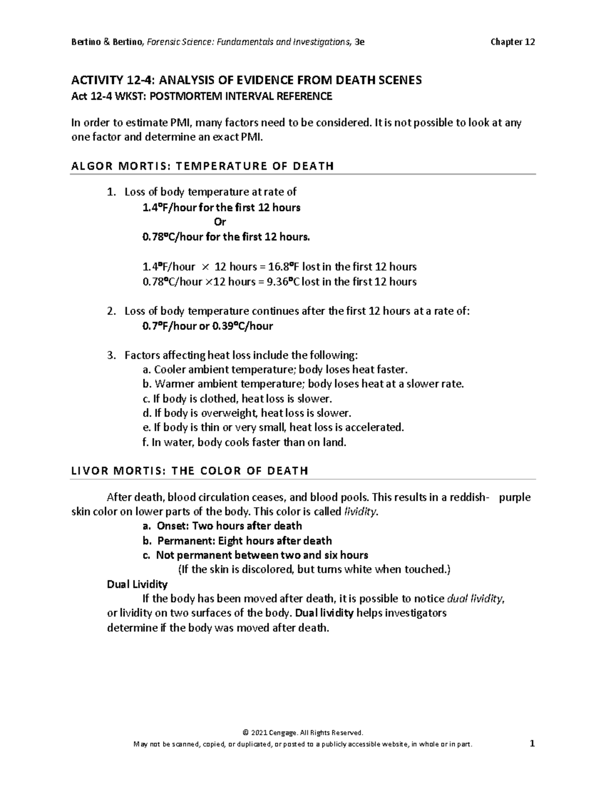 PMI Analysis and Reference for Forensic Science (Bertino 3e Chapter 12 ...
