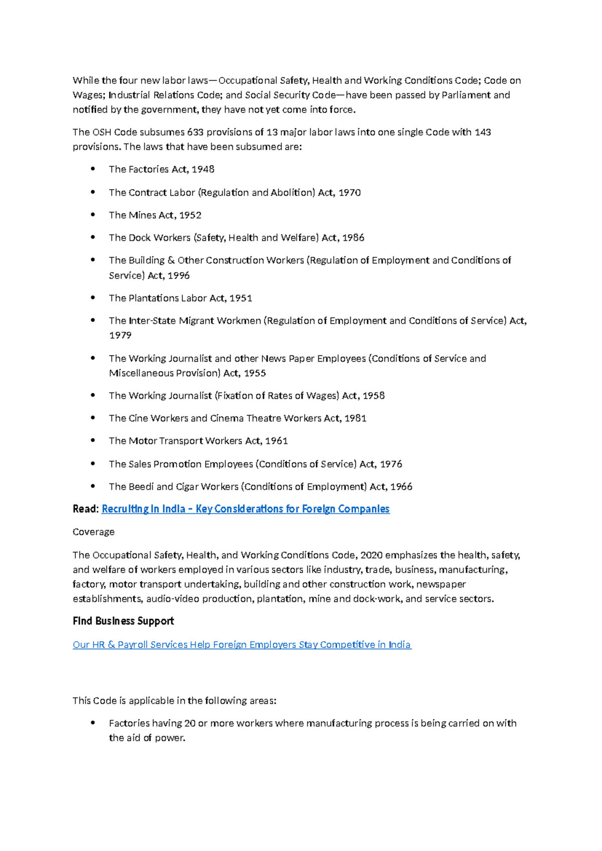 Key Features of the OSH Code 2020: Labor Safety & Health Regulations ...