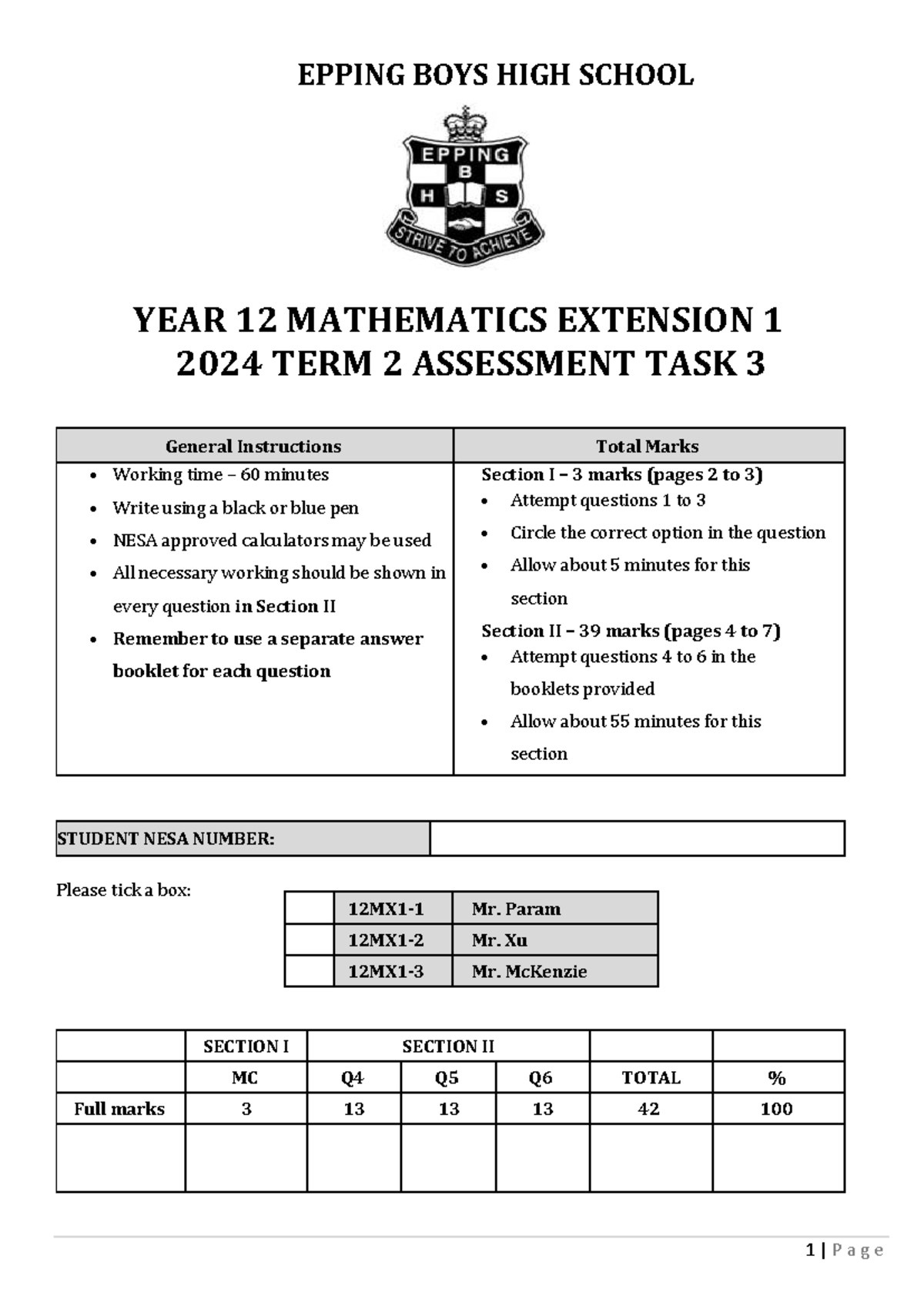 2024 Year 12 Mathematics Extension 1 Term 2 Assessment Task 3 - Studocu