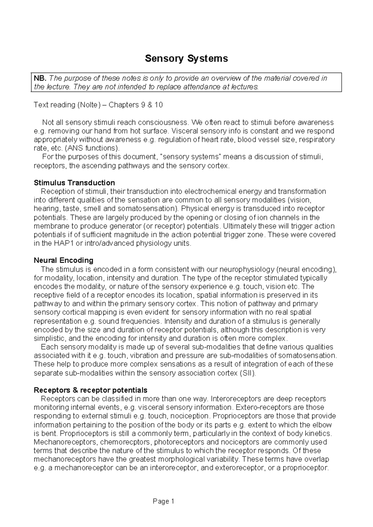 Sensory System notes - Sensory Systems NB. The purpose of these notes ...