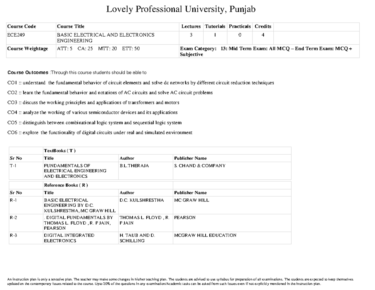 ECE249 Basic Electrical & Electronics Engineering Course Overview - Studocu