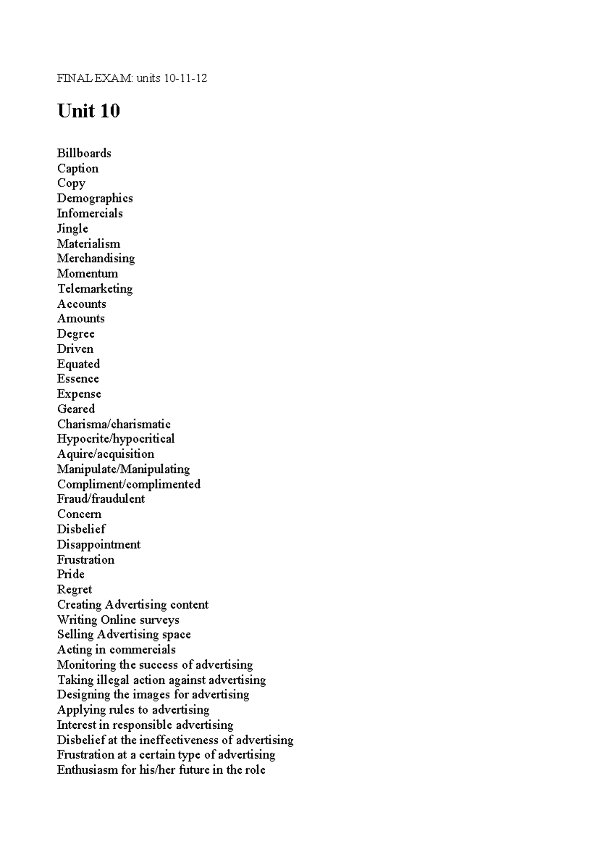 FINAL EXAM: English Vocabulary Units 10-12 Test Review - Studocu