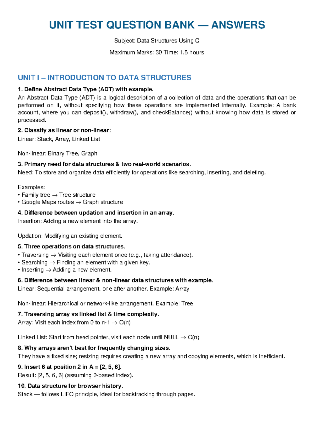 Data Structures (CS101) Unit Test Answers and Review Notes - Studocu