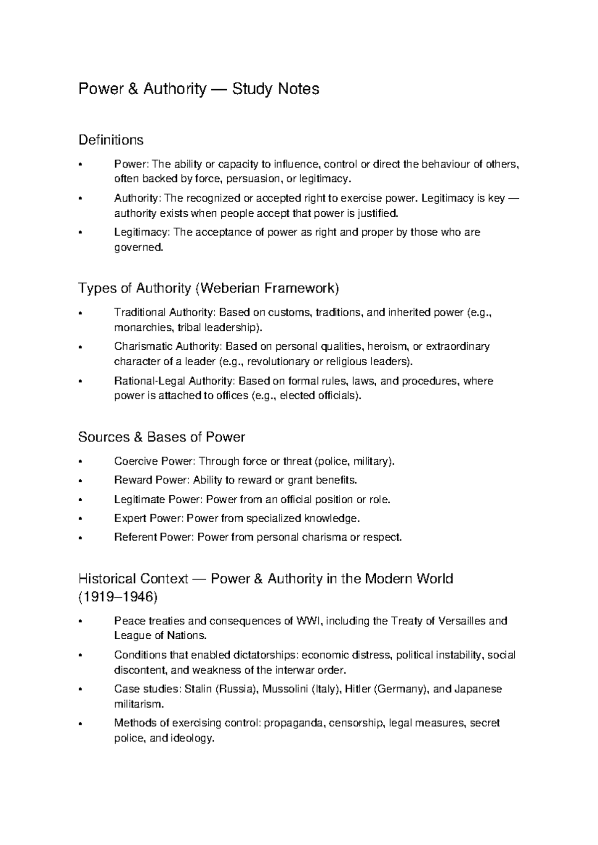 Power and Authority Study Notes: Definitions and Context - Studocu