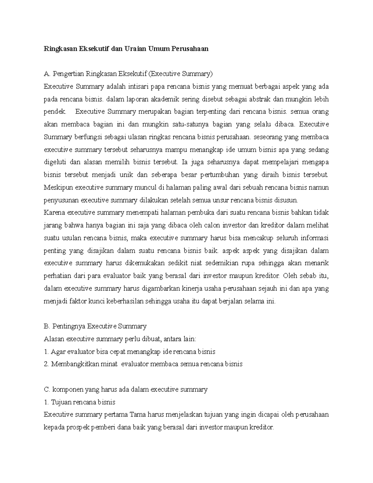 Ringkasan Eksekutif Rencana Bisnis: Panduan Komprehensif - Studocu