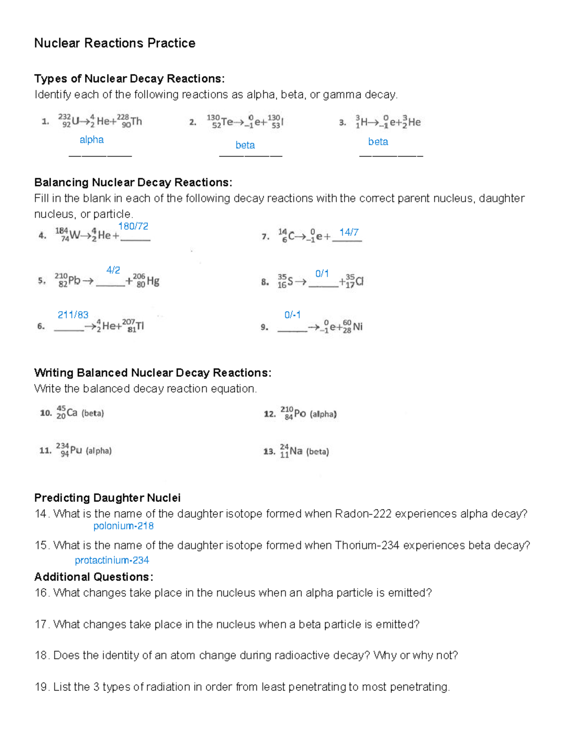 Nuclear Reactions Practice: Types, Balancing, and Predictions - Studocu