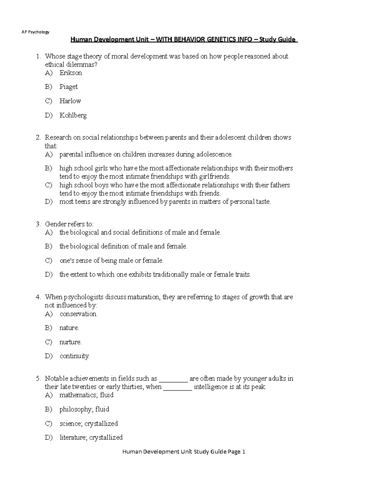 AP Psych Exam - Human Development - AP Psychology Human Development ...