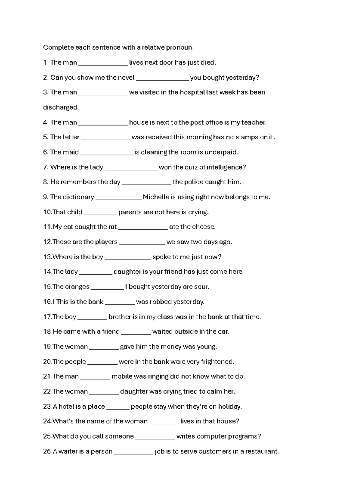 Relative Pronoun Exercises: Fill in the Blanks - Studocu