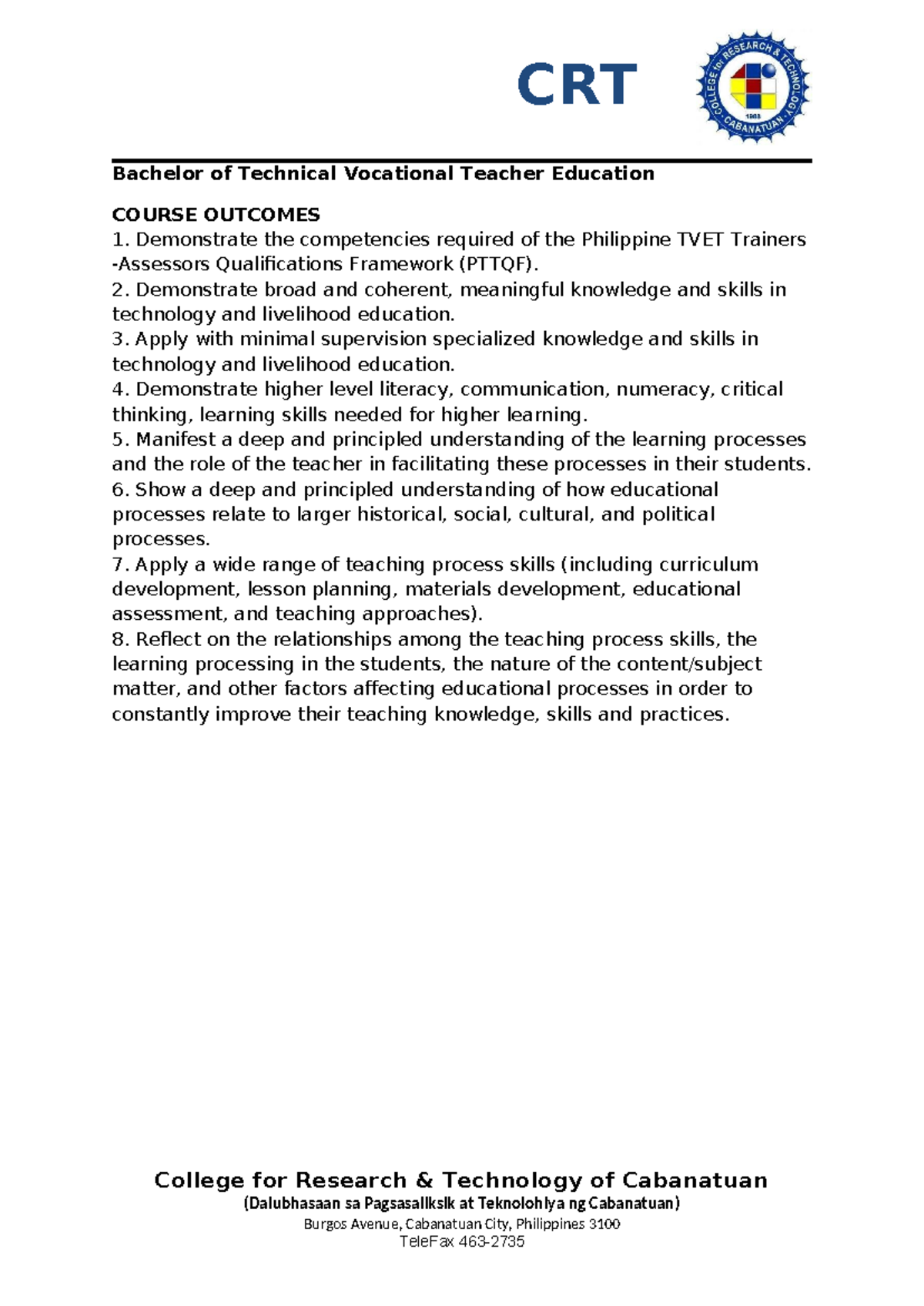 Course Outcomes - asda - Bachelor of Technical Vocational Teacher ...