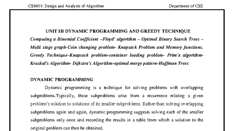 CS8451: DAA Chapter 3 - Dynamic Programming & Greedy Techniques - Studocu