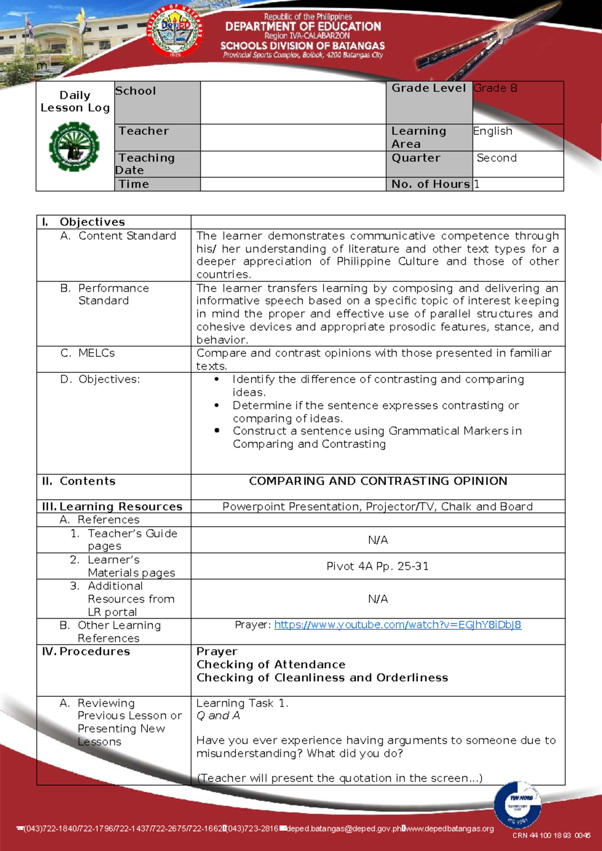 COT 2 - Grade 8 English Lesson Plan on Comparing and Contrasting Ideas ...