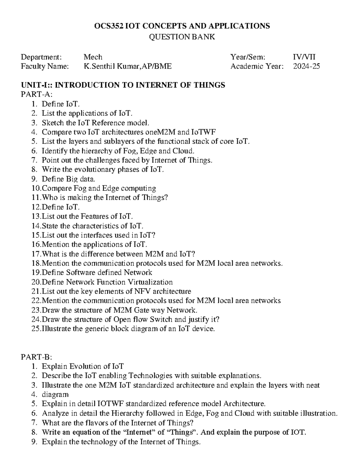 OCS352 - IoT Concepts and Applications - Question Bank VII Sem Mech - Studocu