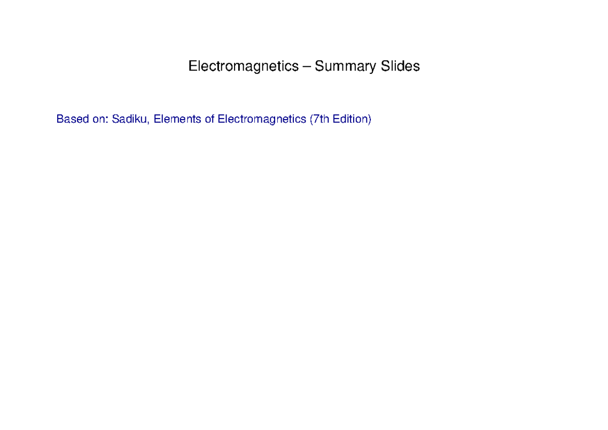 EMFT 101: Electromagnetics Summary Slides - Chapter 1 Concepts - Studocu