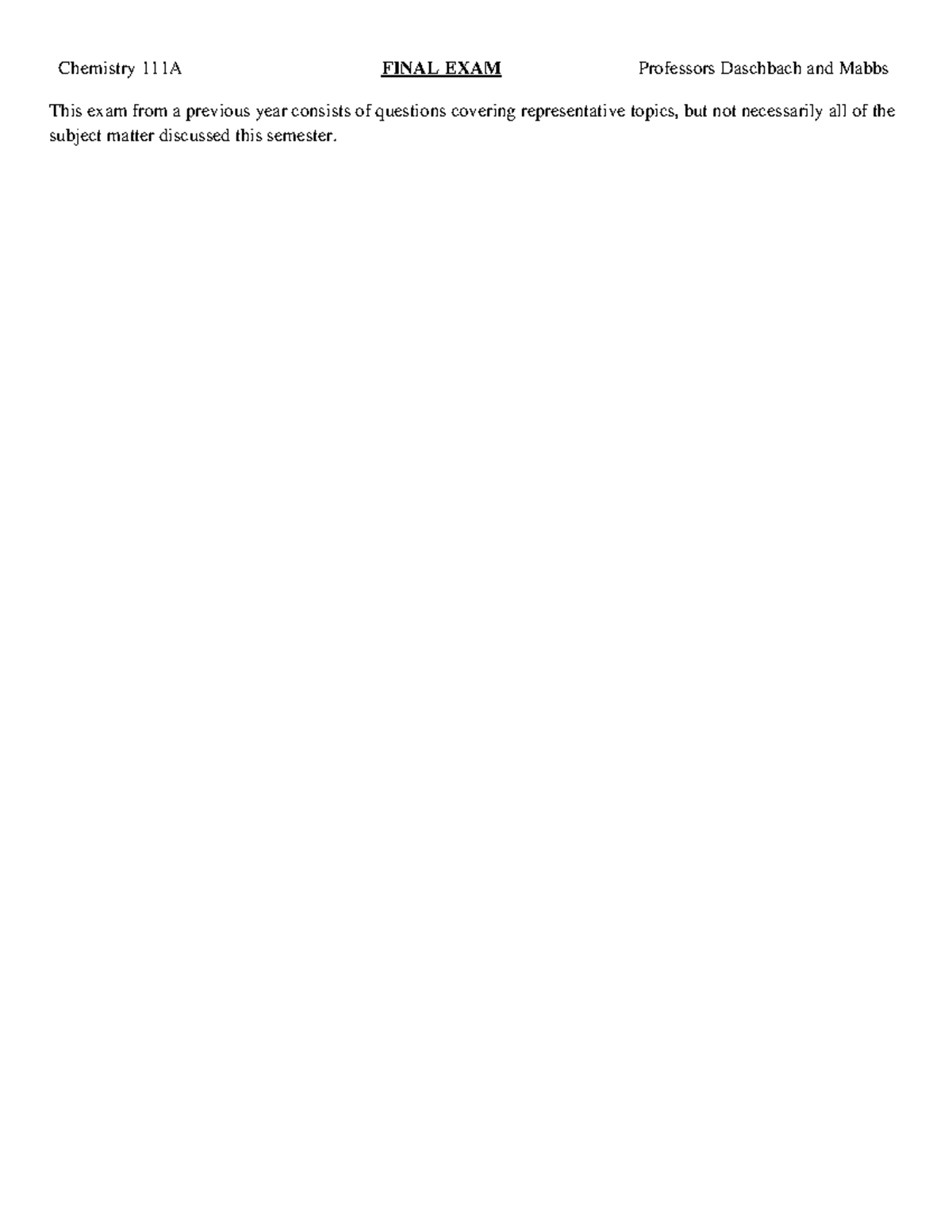 Previous Chemistry 111A Final Exam Blank - Fall 2024 - Studocu