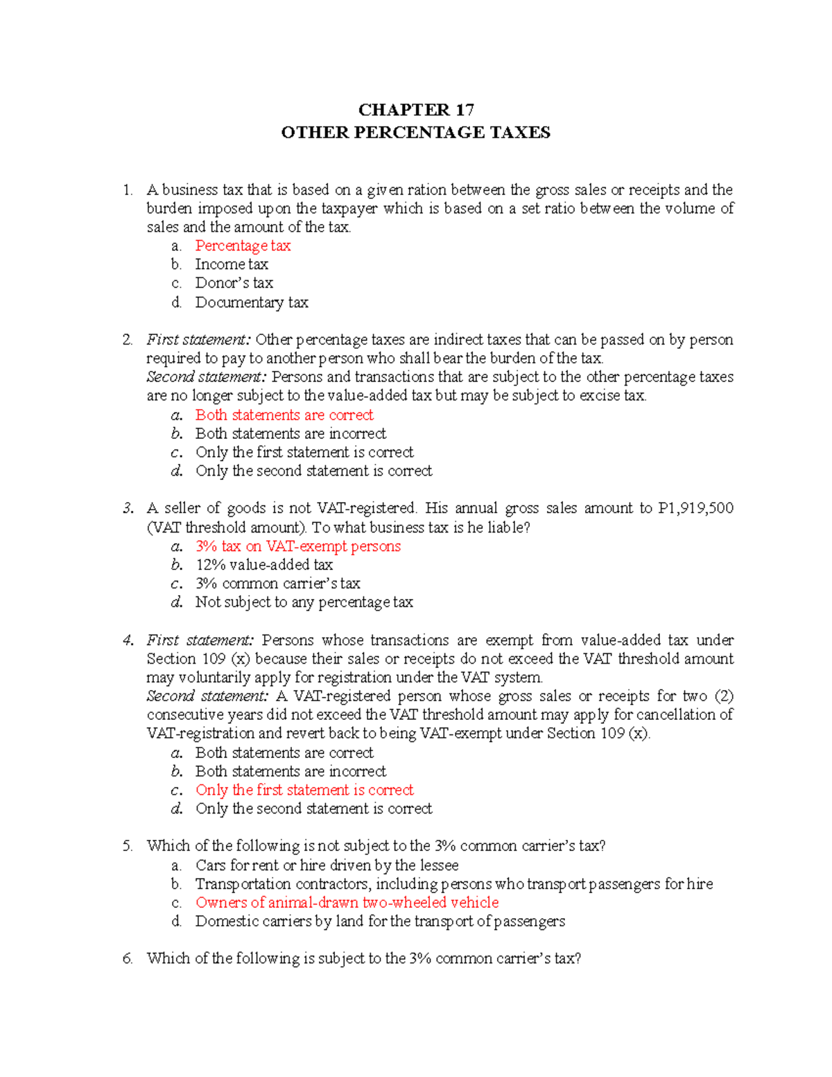 Chapter 17: Overview of Other Percentage Taxes and Implications - Studocu