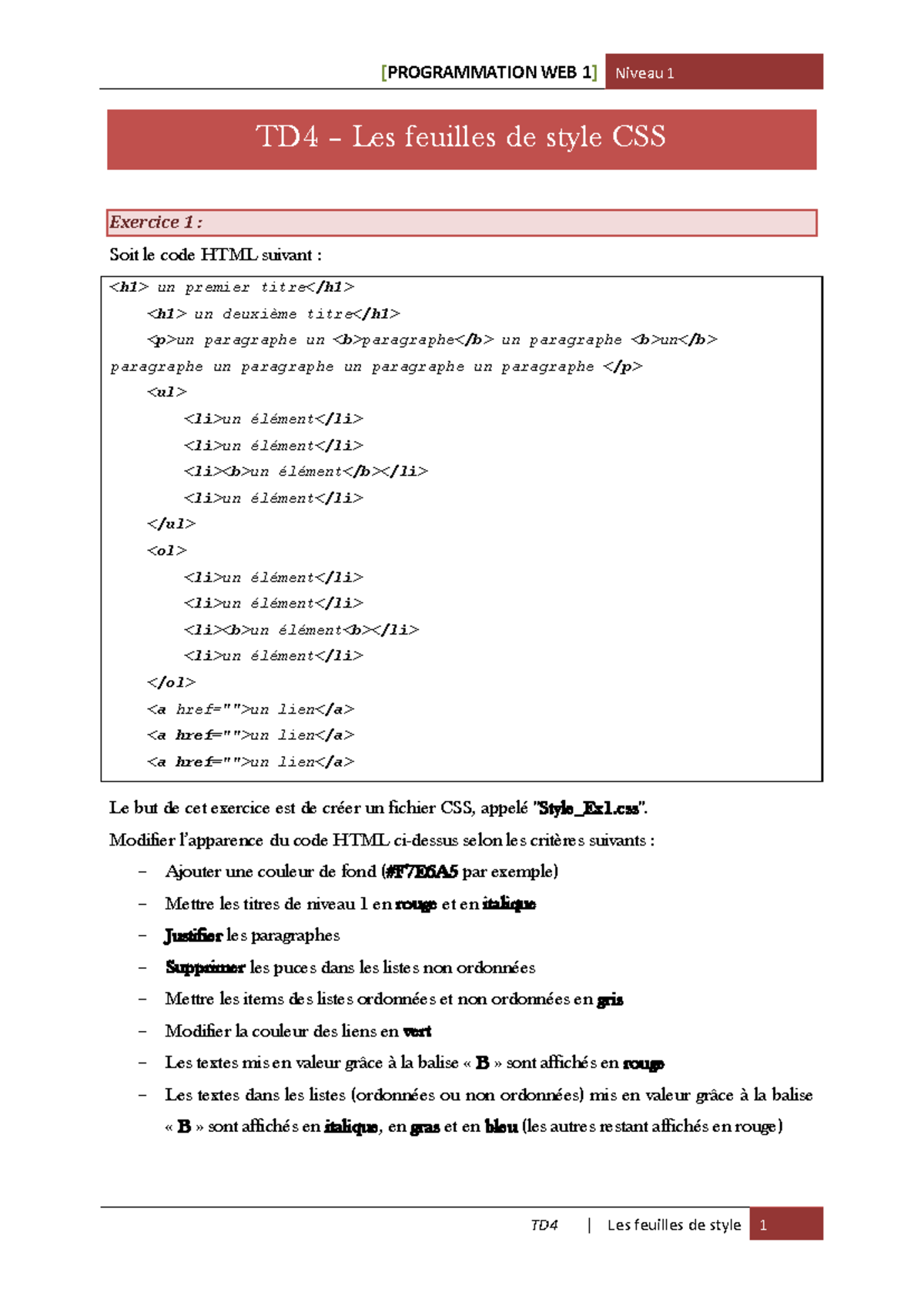 TD4 WEB Niveau 1 - Exercices sur les Feuilles de Style CSS - Studocu