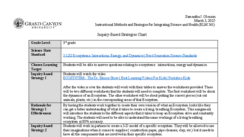 Inquiry-Based Strategies Chart for Science & Health (ELM 361) - Studocu