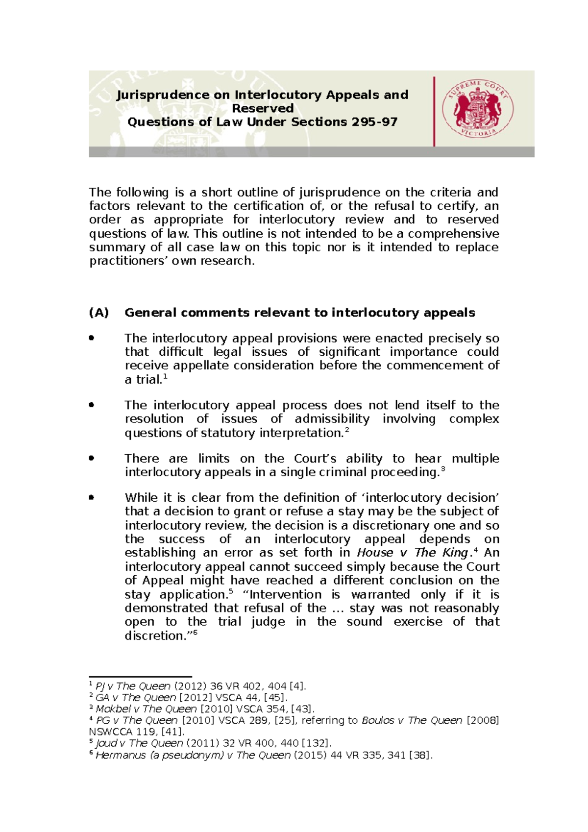Jurisprudence on Interlocutory Appeals and Reserved Questions of Law ...
