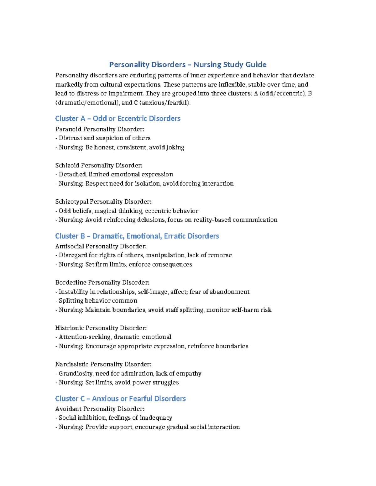Nursing Study Guide: Personality Disorders Overview and Care Strategies ...