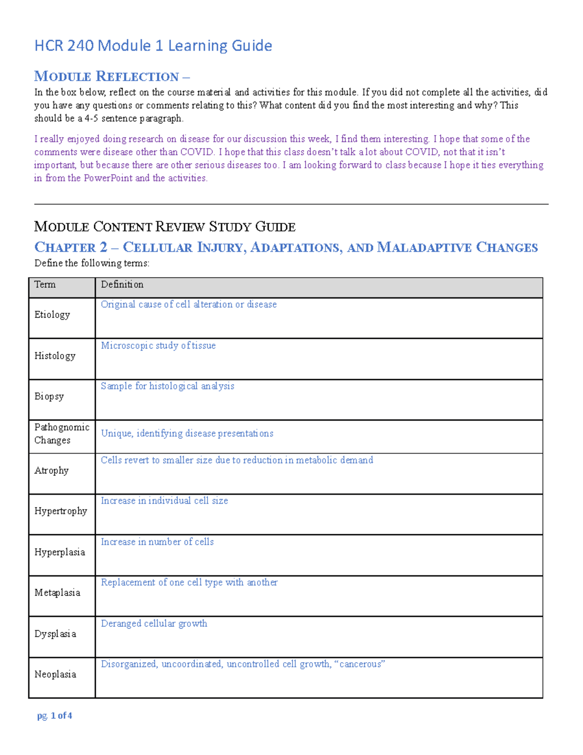 HCR 240 Module 1 Learning Reflection and Study Guide Summary - Studocu