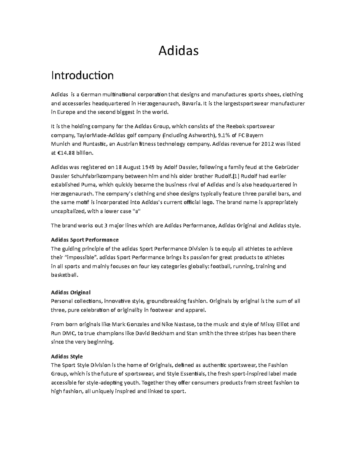 Adidas Introduction - essay - Adidas Introduction Adidas is a German ...