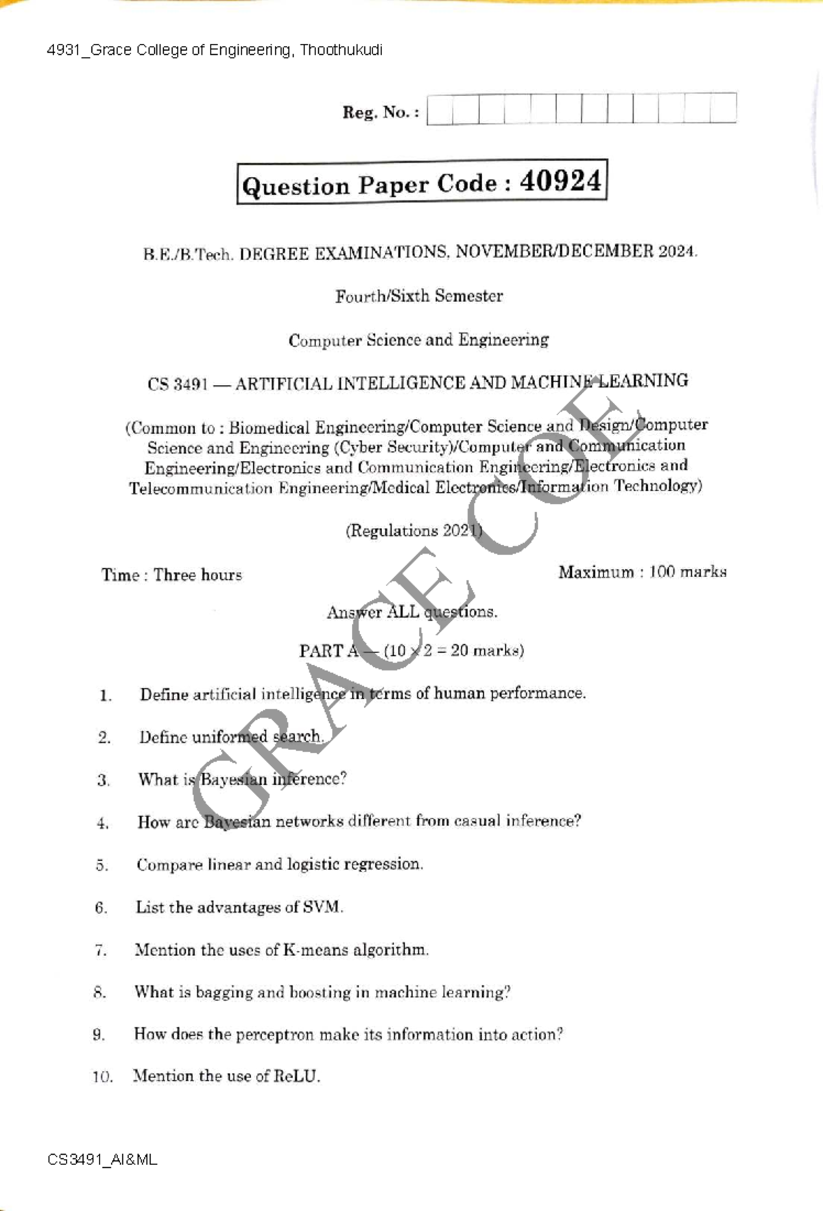 4931_CSE CS3491 AI & ML Final Exam Questions - Nov-Dec 2024 - Studocu