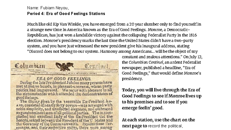 Era of Good Feelings Stations: Analyzing 1816-1824 Events - Studocu