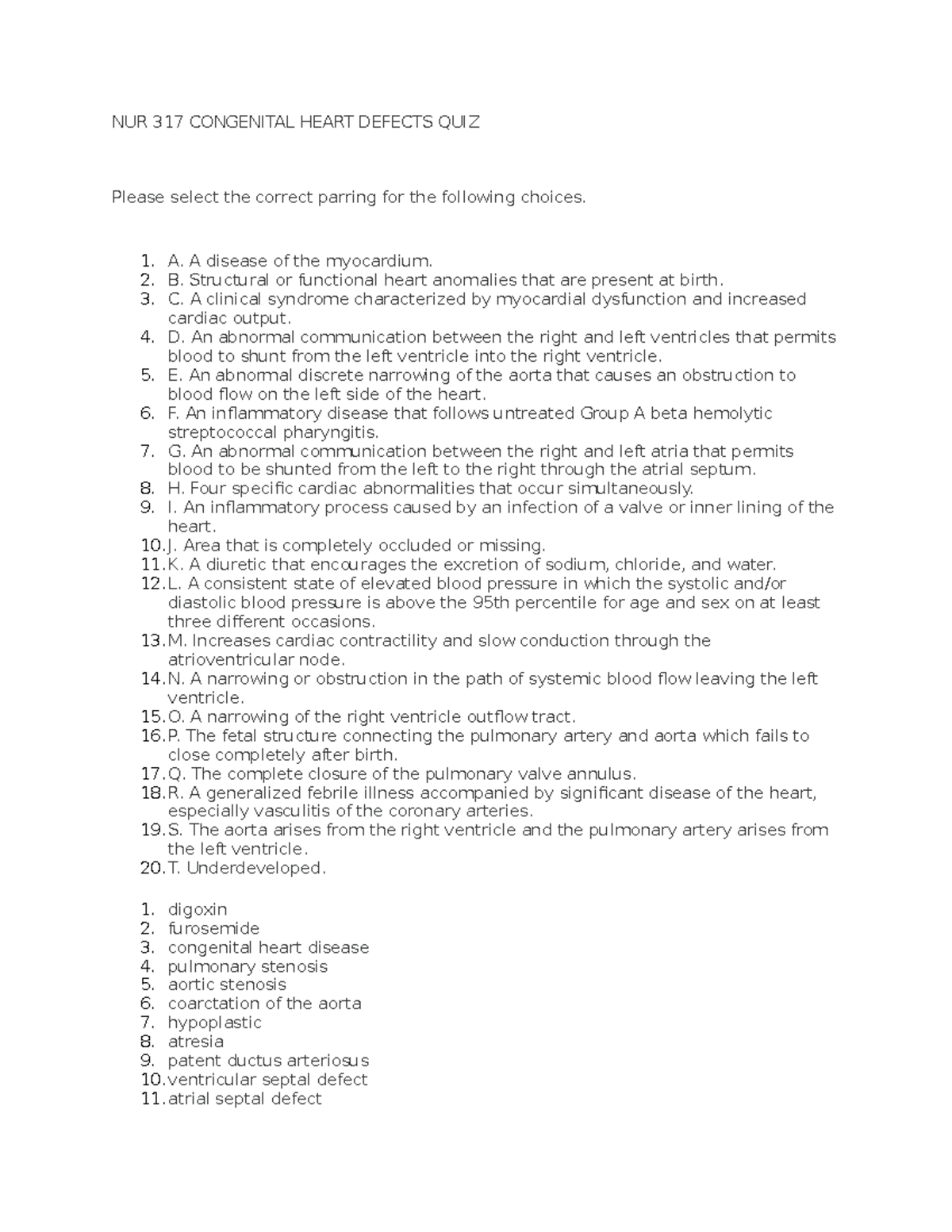 NUR 317 Congenital Heart Defects Quiz with Answers and Key - Studocu