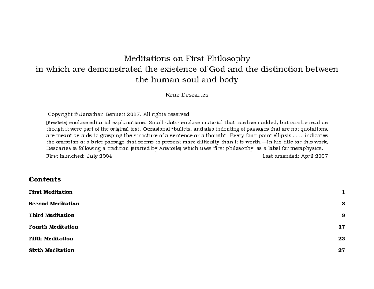 Meditations on First Philosophy: Existence of God & Mind-Body Dualism ...