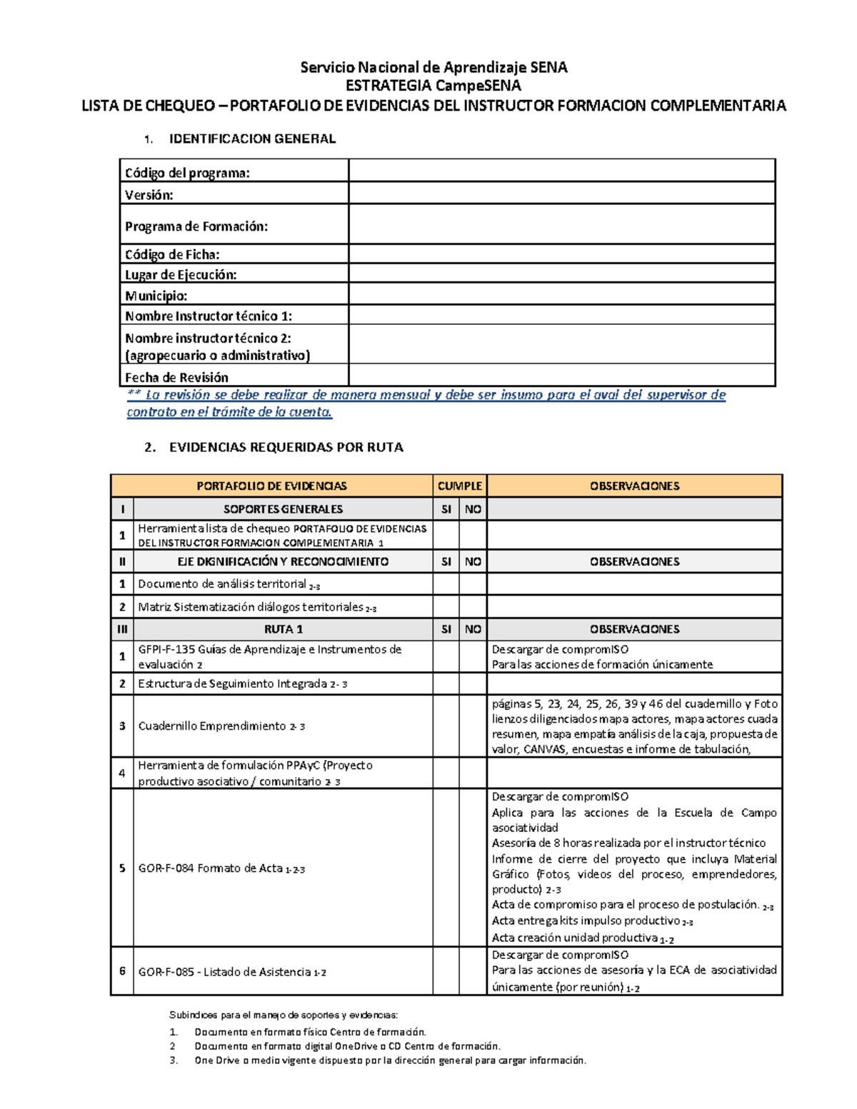 Lista de Chequeo Operativa 2025 - Instructor CampeSENA Complementaria V2 - Studocu