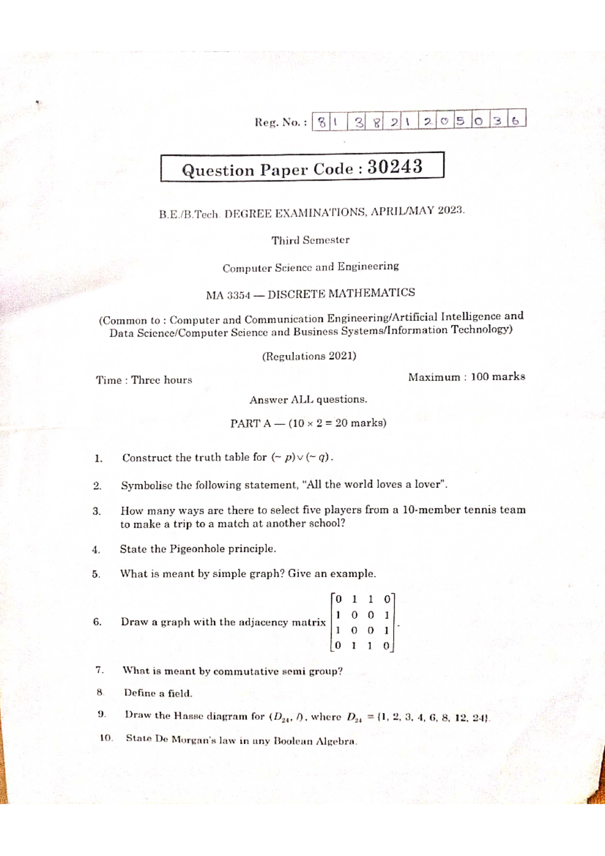 R 21 2. MA3354 APR MAY 2023 - Reg. No.: 813821205036 Question Paper ...