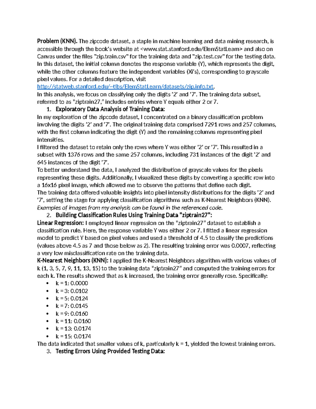 KNN Classification Analysis and Solutions for Zipcode Dataset (HW1) - Studocu