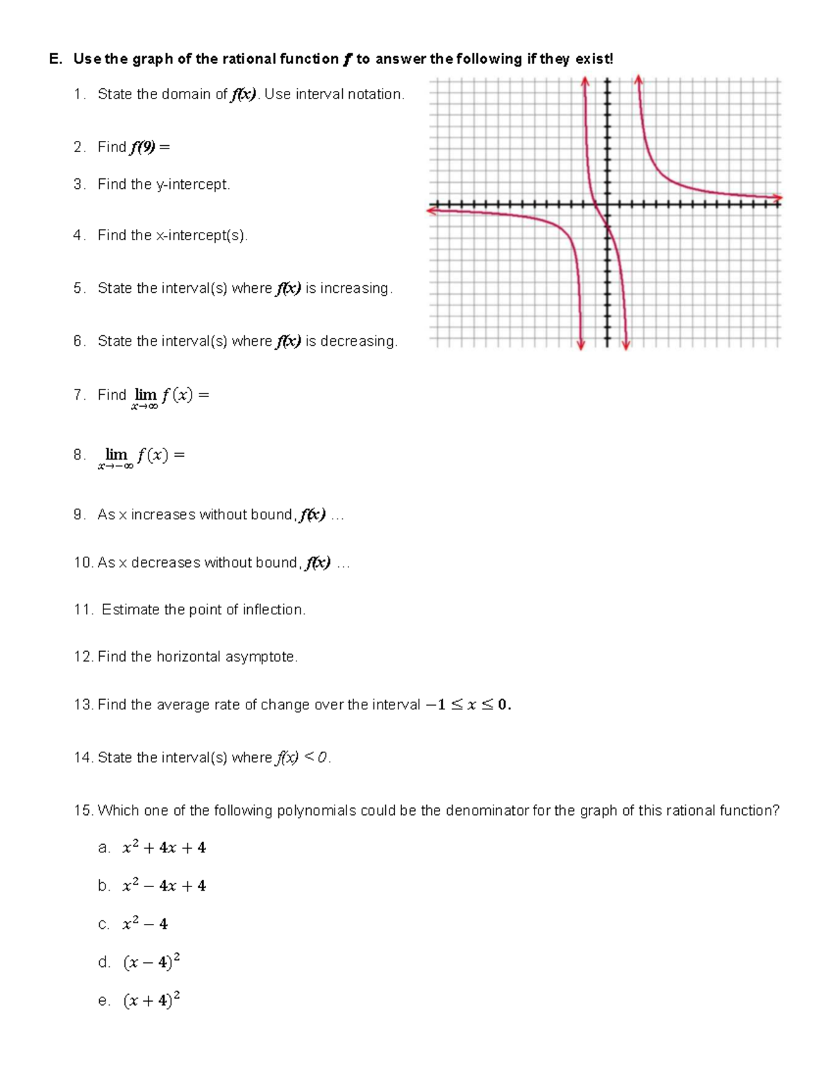 Rational Functions and End Behavior Classwork - E. Use the graph of the ...