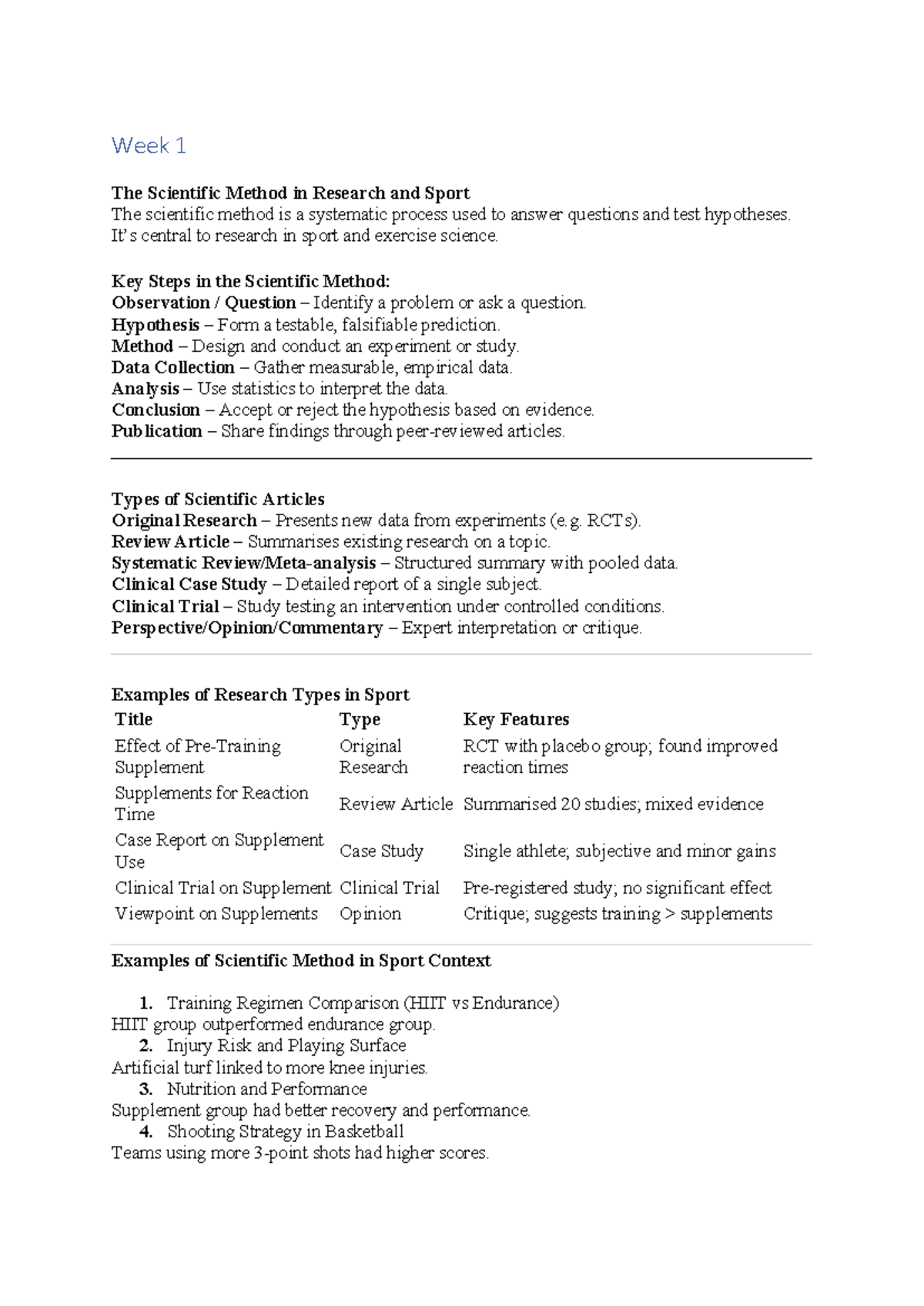 ESPS1003 Week 1: The Scientific Method in Sport Research Notes - Studocu